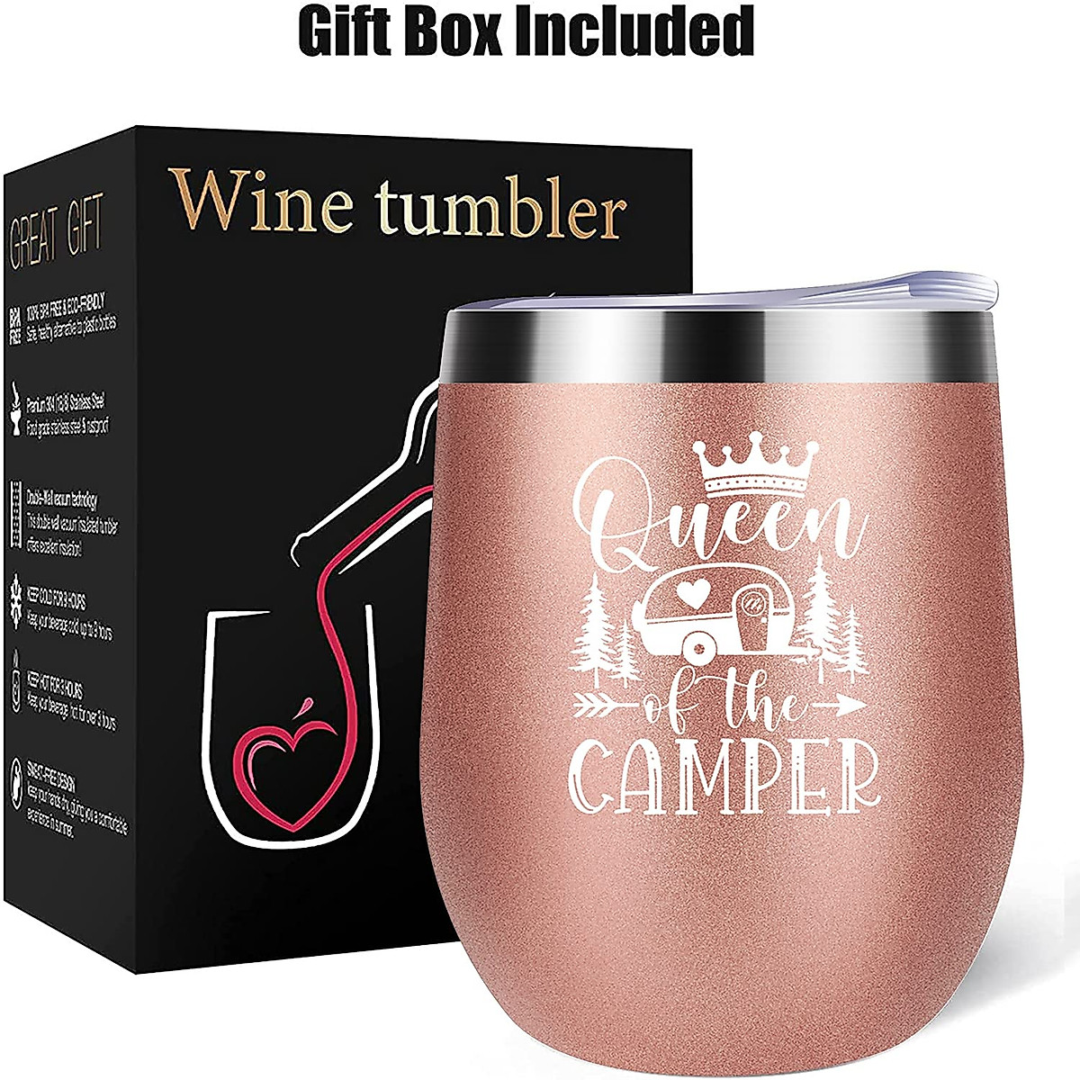 Hopedoit Camping Gifts Wine Tumbler 12OZ, Camping Gifts for Women, Camper Gifts, Gifts for Campers, Queen of The Camper, Gifts for RV Campers, Camping Gifts for Camper, Cool Gifts for Camping Lovers