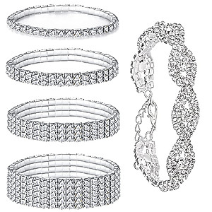 MOZAKA 5Pcs Sparkle Rhinestone Stretch Bracelets Bangle for Women Bling Silver Bridal Wedding Strand Stackable Tennis Bracelet Set