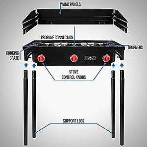 Hike Crew Cast Iron 3-Burner Outdoor Gas Stove | 225,000 BTU Portable Propane-Powered Cooktop with Removable Legs, Temperature Control Knobs, Wind Panels, Hose, Regulator & Storage Carry Case