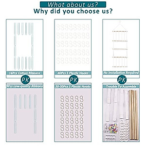 48" X 15" Headband Holder, Baby Headband Organizer w/16Pcs Cotton Ribbons, 40Pcs S Hooks, 1Pc Non-Trace Hook & 1Pc Cotton Rope, Bow Holder for Girls Hair Bows for Wall, Door or Closet