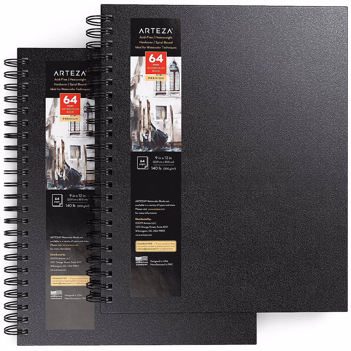 ARTEZA Watercolor Sketchbook, 2-Pack, 64 Pages Each, 9x12 Inches, Black Hardcover Watercolor Notebook, 140lb/300gsm Spiral Watercolor Paper