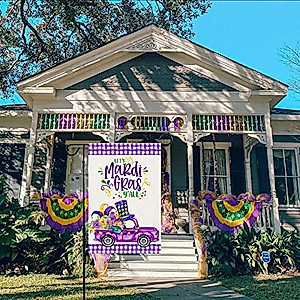 Baccessor Mardi Gras Y’all Garden Flag Double Sided Buffalo Plaid Mask Truck Fleur de Lis Masquerade Party Small Burlap Flag Spring Outdoor Yard Lawn Decoration 12.5 x 18 Inch