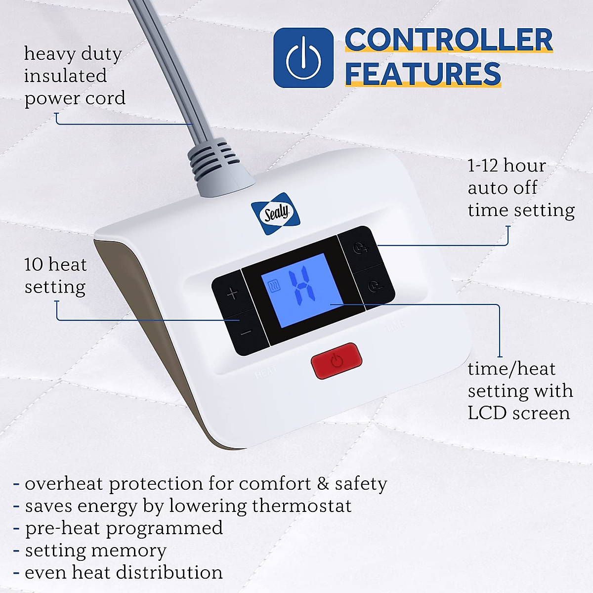 Sealy 3M Scotchgard Heated Mattress Pad | Quilted Cotton Electric Bed Warmer with 10 Heat Setting Controller | 1-12 Hours Auto Shut Off | 15" Deep All Around Elastic Pocket, Full