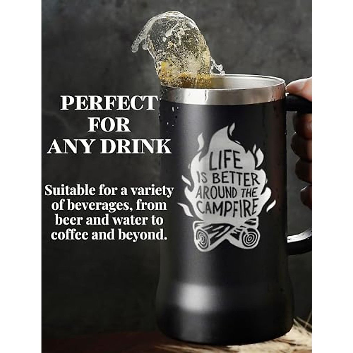 Onebttl Camping Gifts for Men, Camper, Camping Lovers - Life Is Better Around The Camp Fire 24oz Stainless Steel Beer Mug 24oz Beer Stein
