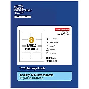 Avery UltraDuty GHS Labels, Waterproof, 2 X 3 Inch Rectangle Printable Labels, Pack of 4000 White Labels for Use with Pigment Inkjet Printers