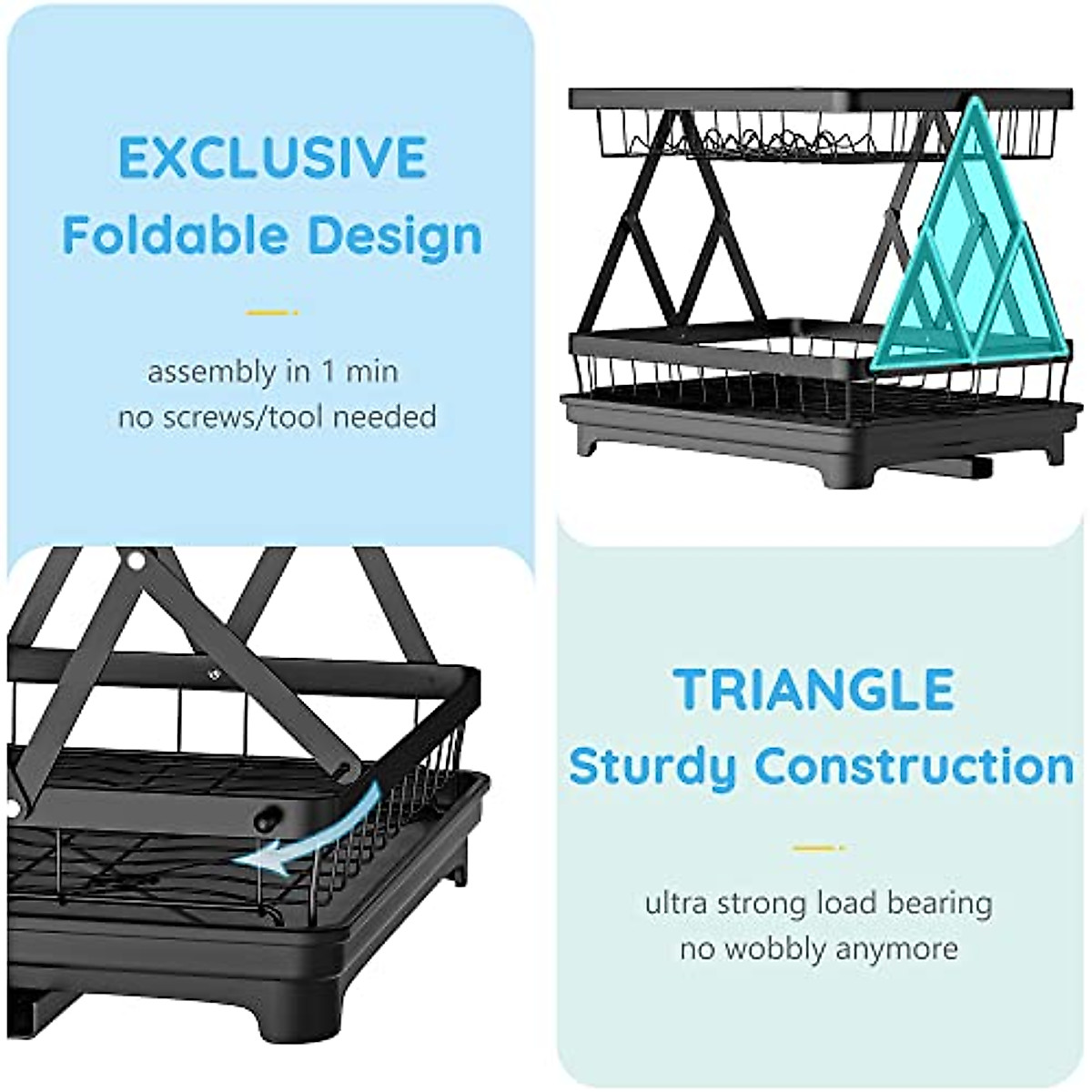 VOGWOLTH Dish Drying Rack, 2 Tier Collapsible Dish Drying Rack with Drainboard for Kitchen Counter Plate Holder Dishes Drainer Dryer Dishrack Dry Stand Folding Countertop Organizer Accessories