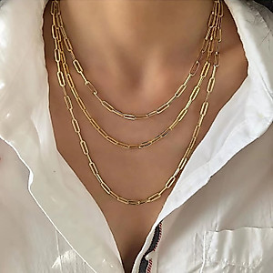 PICKBEAU 18K Gold Plated Paperclip Chain Necklace for Women 3.0MM Gold Chain Necklace, Chain Link Necklace for Men Women Unisex Multiple Length Size-18in