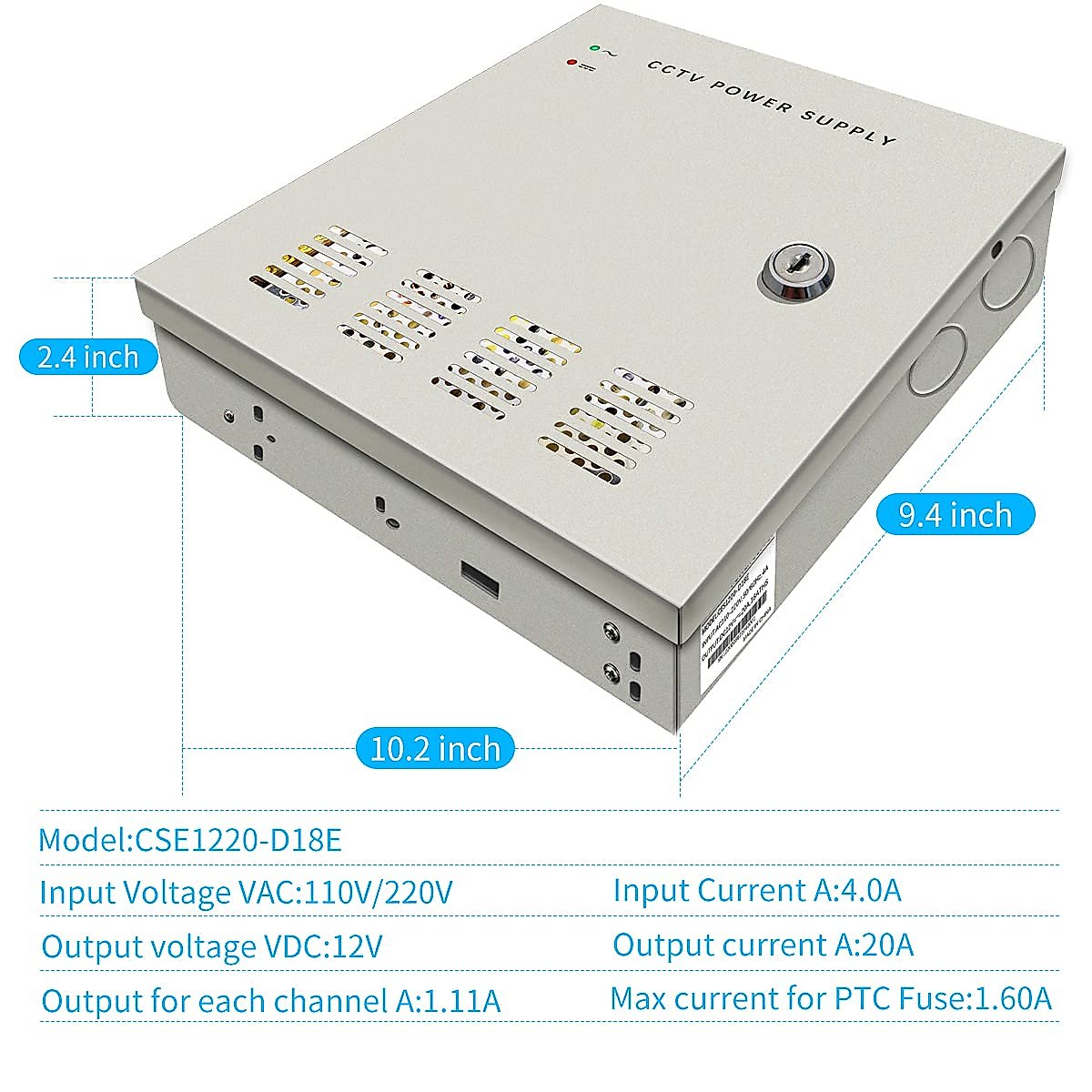 9 Channel 12 Volt DC Output 5A CCTV Distributed Power Supply Box for Security Camera with AC Plug and Lock for Security Cameras, DVRs, CCTV Power Supply (5A 9-Channel)