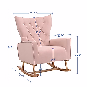 Rophefx Velvet Nursery Rocking Chairs, Glider Rocker for Baby Nursery with Solid Wood Base, Modern Accent Armchair with High Backrest, Pink