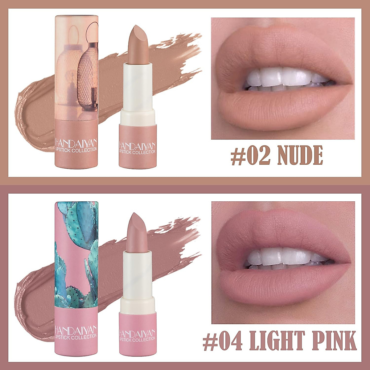 2 Colors Nude Matte Lipstick,Summer Nudes Velvety Paper Tube Lip Gloss Makeup Set,24 Hour Superstay Long Lasting Waterproof Non-Stick Cup Not Fade,Nude Lipstick Set for Women