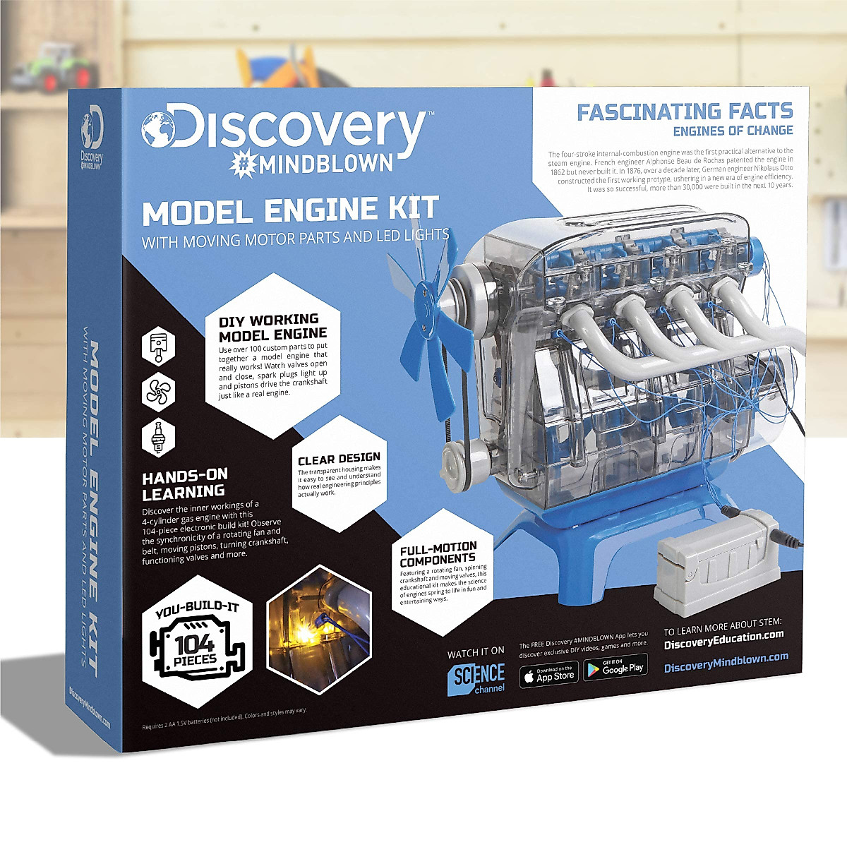 Discovery #MINDBLOWN Model Engine Building Kit, DIY 4-Cylinder Combustion Engine, Working Pistons Fan Valves Belts LED Lights, STEM Mechanic Engineering Construction Experiment Set, Kids & Adults Gift