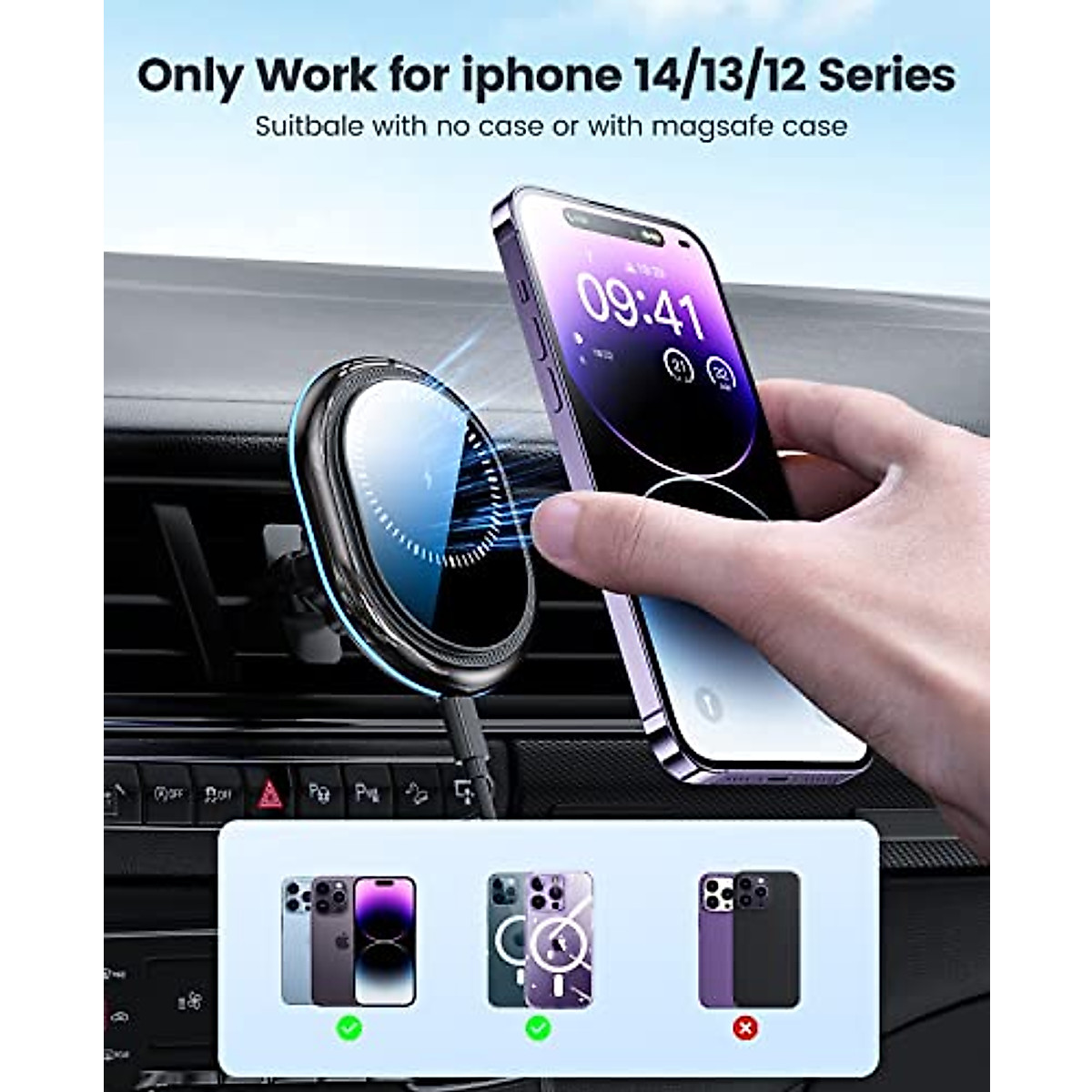HEGGCOOE Magnetic Wireless Car Charger, 15W Fast Charging Compatible with MagSafe Car Mount Charger Air Vent Phone Holder for iPhone 14/13/12 Series with 45W Fast Car Charger Adapter