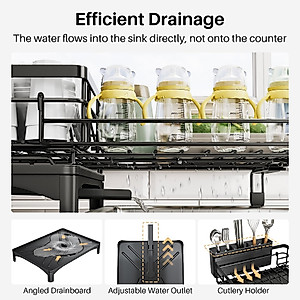 Dish Drying Rack - Extendable Dish Rack, Large Sink Drying Dish Drainer for Kitchen Counter, Stainless Steel Dish Strainer with Utensil Holder (Black)