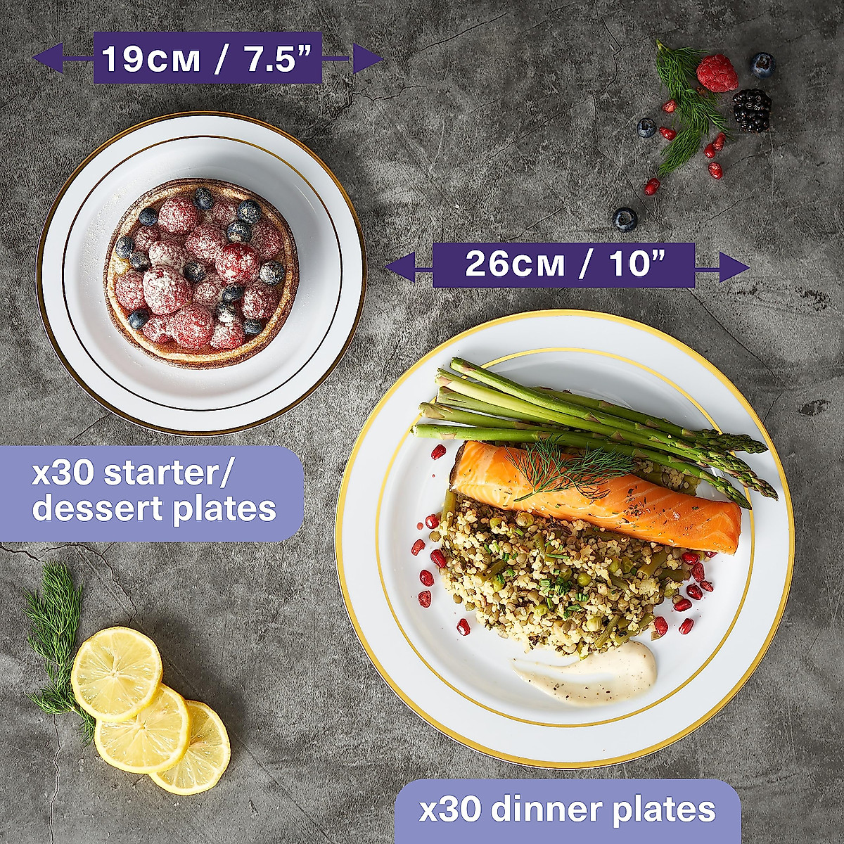 MATANA 60 pc Reusable Gold Plastic Plates with White Gold Rim - 30 Dinner Plates 10.25" Inch, 30 Salad Dessert Appetizer Plates 7.5" Inch, Heavy Duty, Elegant, Premium for Parties, Wedding & Events