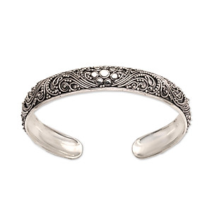 NOVICA Artisan Handmade Sterling Silver Cuff Bracelet Swirl Motif from Bali No Stone Indonesia [6 in L (end to End) x 0.4 in W] ' Shrine Swirls'