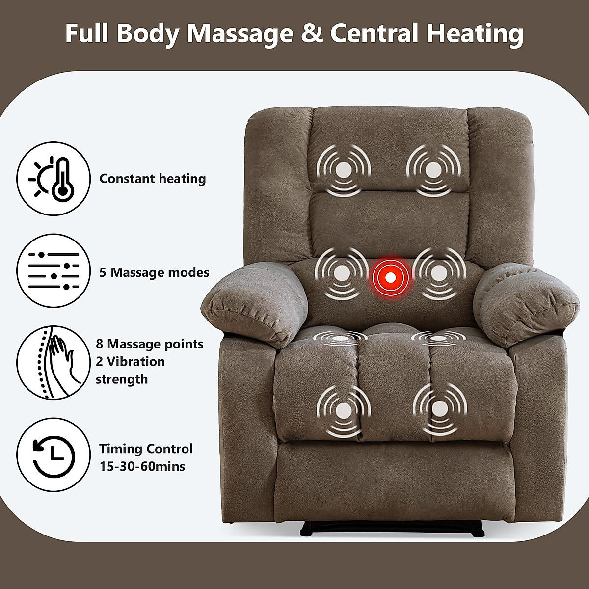 ANJHOME Overstuffed Massage Recliner Chairs with Heat and Vibration, Soft Fabric Single Manual Reclining Chair for Living Room Bedroom (Brown)
