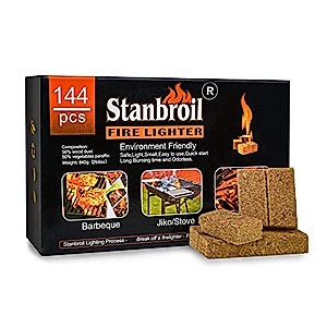 Stanbroil 144 pcs Squares Natural Charcoal Fire Starters Super Fast Lighting Perfect for Barbecue Grills, Smokers, Wood Stove,Campfires and Outdoor Fireplaces
