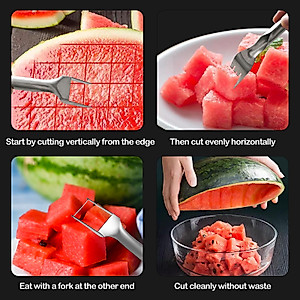 Aphrordity 2 Pcs Watermelon Fork Slicer Cutter, Stainless Steel Watermelon Slicer Cutter 2-In-1 Summer Watermelon Fruit Cutting Fork, for Home Party Camping Kitchen Gadget