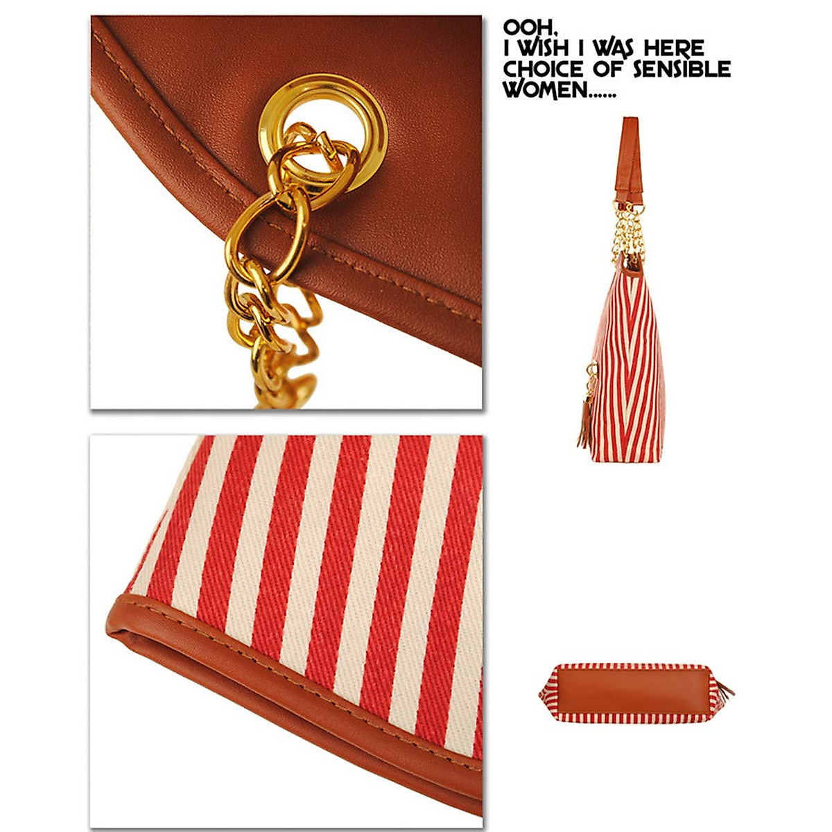 Womens Canvas Handbag Tassel Stripes Purse Tote Fashion Shoulder Bag Large Capacity, Red and White