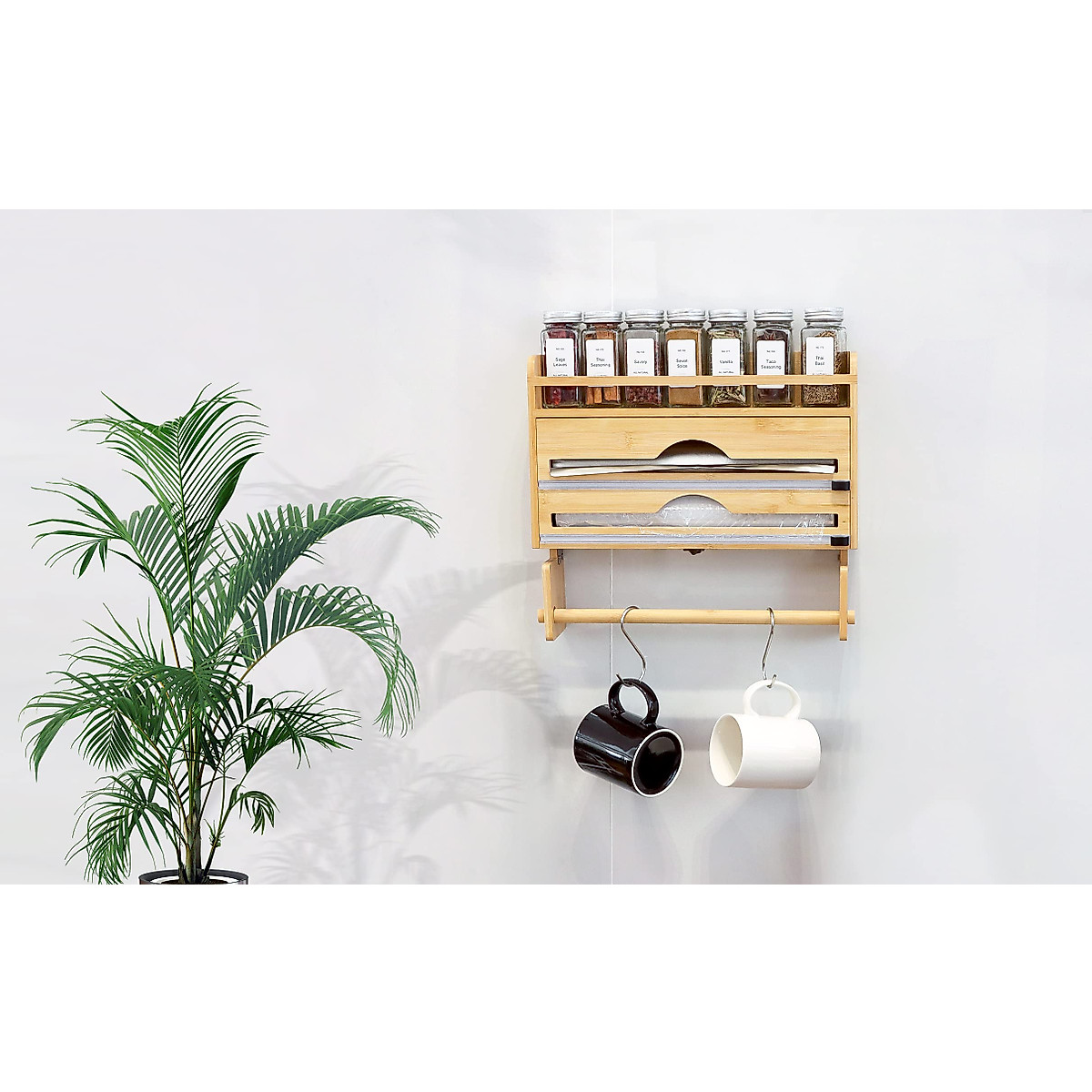 Foil and Plastic Wrap Organizer, Bamboo Aluminum Foil Dispenser with Paper Towel Holder, Compatible with Foil, Wax Paper, Kitchen Paper Towel and Spice Jars