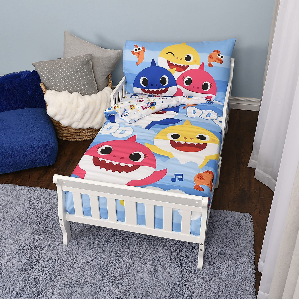 Expressions 3 Piece Toddler Bedding Set Baby Shark Standard Crib Bedding Set, Includes Soft Microfiber Reversible Comforter, Fitted Sheet, Pillowcase for Kids (Official Baby Shark Product)