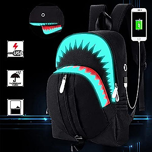COCONONO School Backpack Shark Luminous Laptops Backpack with USB Charging Port, Water Resistant Unisex Daypack Travel Rucksack Black