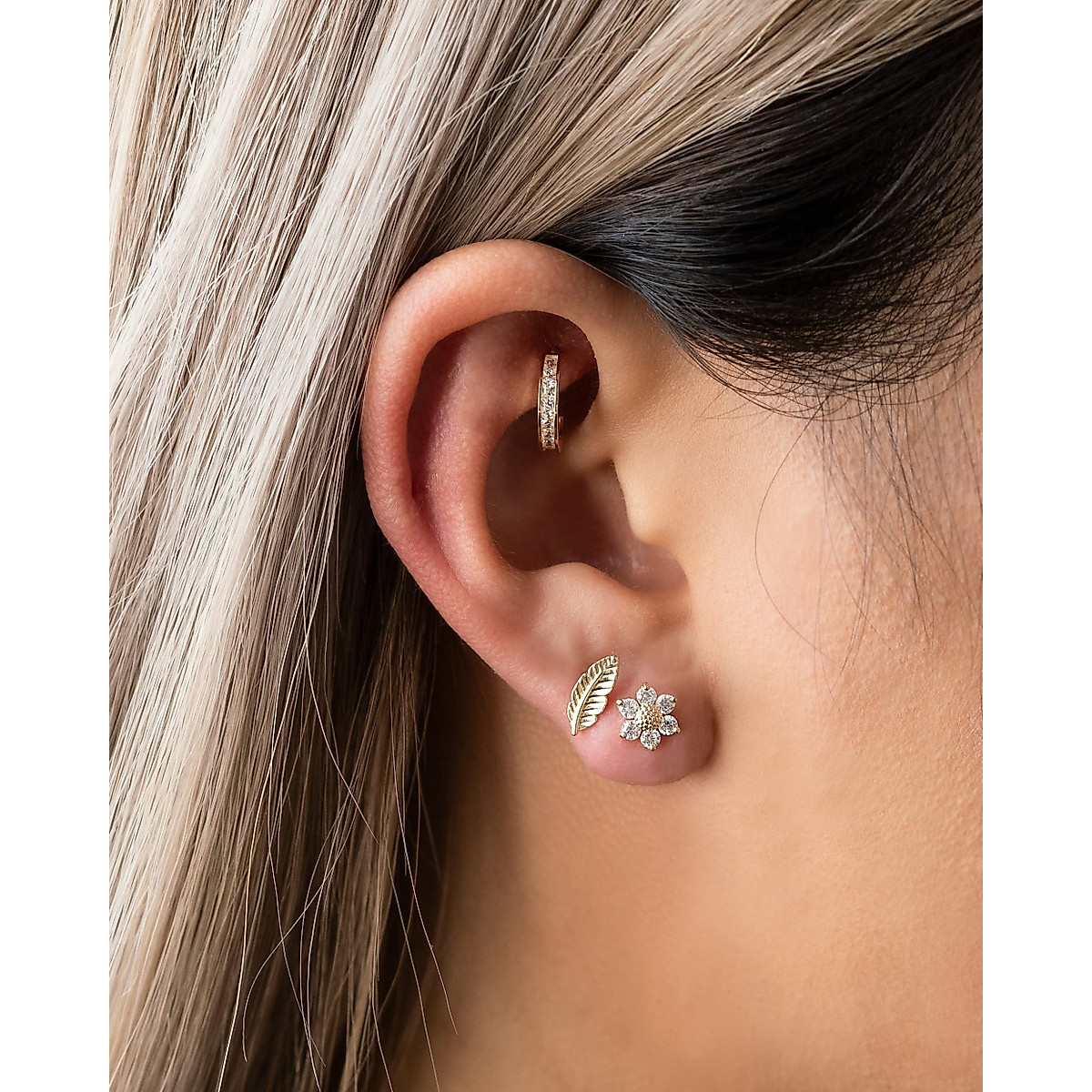 14K REAL Solid Gold Cubic Zirconia Hoop Earring Cartilage Daith Helix Tragus Conch Rook Snug Hinge Huggie Hoop Ear Clicker Ring Piercing Jewelry 18 Gauge - 1PCS (14K Yellow Gold)