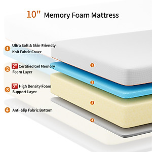wowttrelax Queen Memory Foam Mattress 10 inch, 60''x78'', 2 Layer for More Supportive and Pressure Relief, Medium Firm Mattress, Soft Removable Cover Mattress Grey White