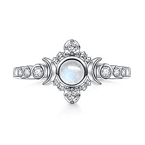Yearace Genuine Moonstone Ring 925 Sterling Silver Moon Phase Ring Round Moonstone Cubic Zirconia Statement Band Finger Minimalist Ring for Women Girls with Gift Box