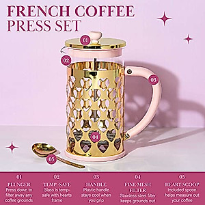 Paris Hilton French Press Coffee Maker With Heart Shaped Measuring Scoop, 2-Piece Set, 8-Cup or 34-Ounce, Pink