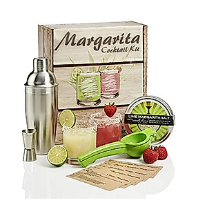 Margarita Cocktail Kit - Set of Rocks Glasses | Stainless Cocktail Shaker & Jigger | Citrus Squeezer | Rokz Lime Infused Margarita Salt | Recipe Cards. The Perfect Margarita Kit Gift Set!