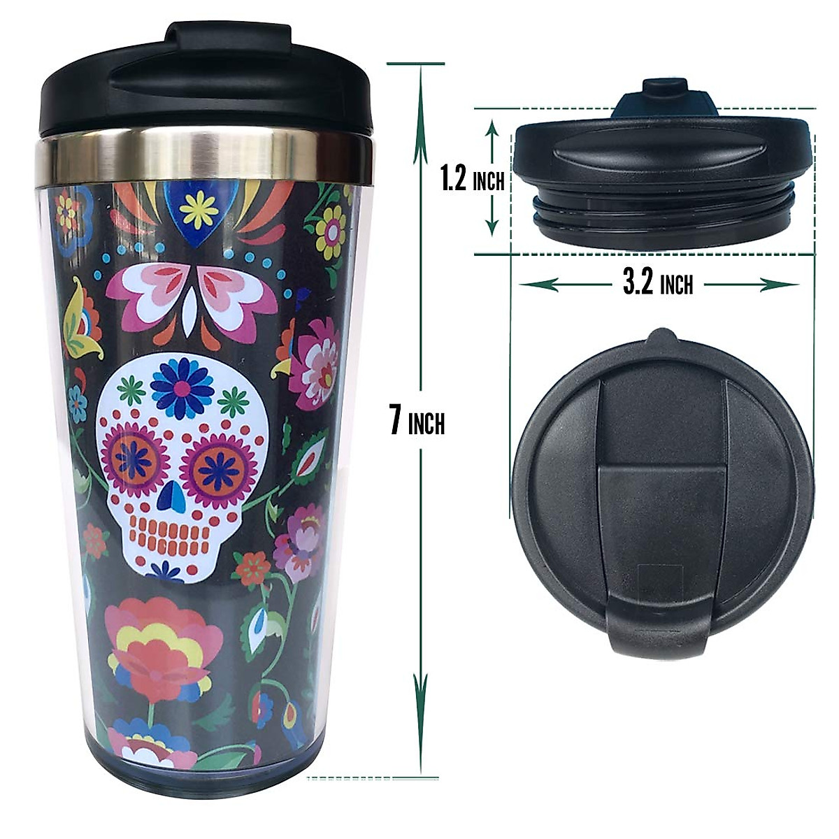 NVJUI JUFOPL Sugar Cute Skull Travel Coffee Mug for Men's Women's, With Flip Lid, Stainless Steel, Water Bottle Cup 15 oz