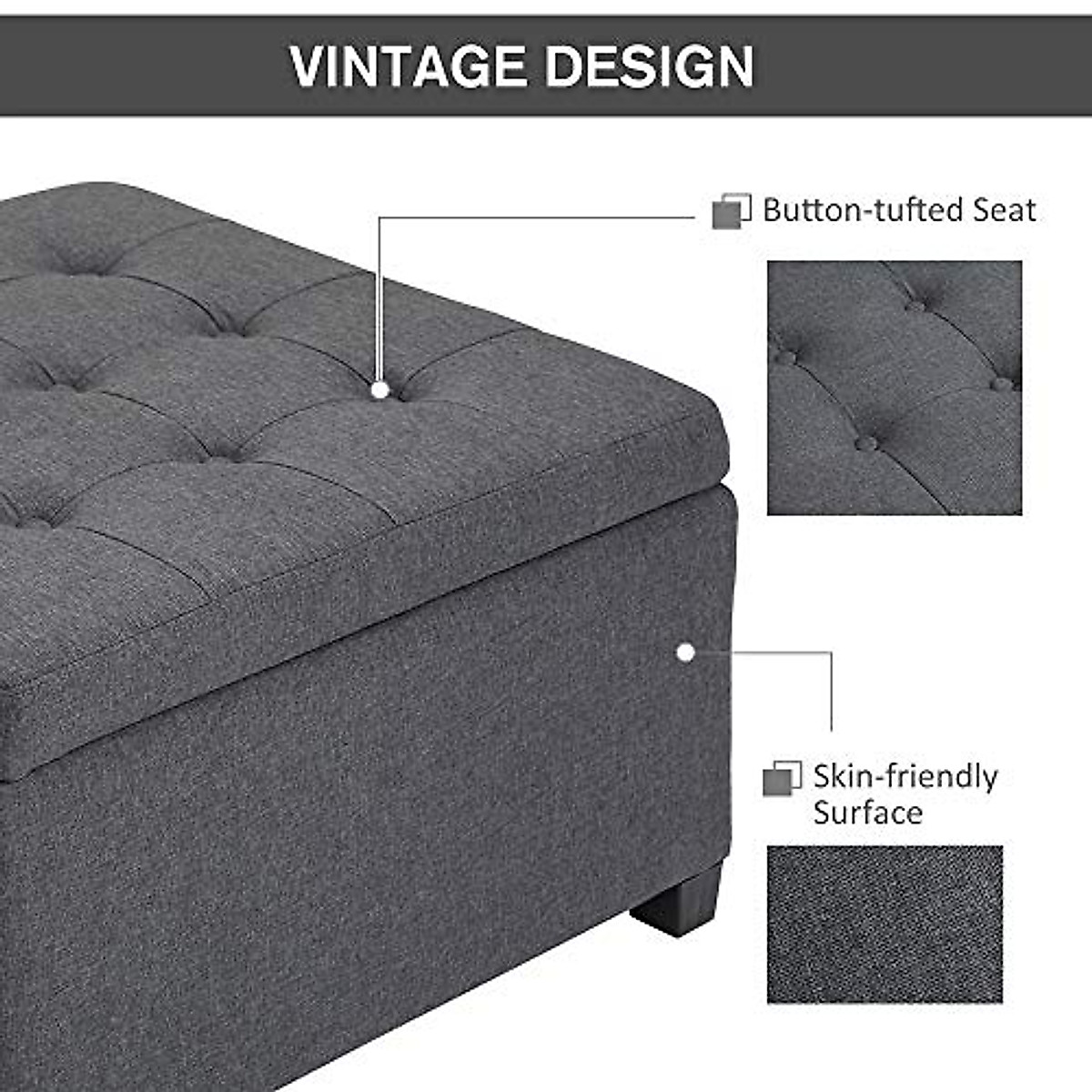 HOMCOM Fabric Tufted Storage Ottoman with Flip Top Seat Lid, Metal Hinge and Stable Eucalyptus Wood Frame for Living Room, Entryway, or Bedroom, Gray