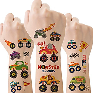 Monster Truck Birthday Party Supplies Temporary Tattoos for Kids, 10 Sheets Trucks, Big Cars, Finish Lines Fake Tattoos Stickers for Kids Girls Boys Decorations School Rewards Gifts