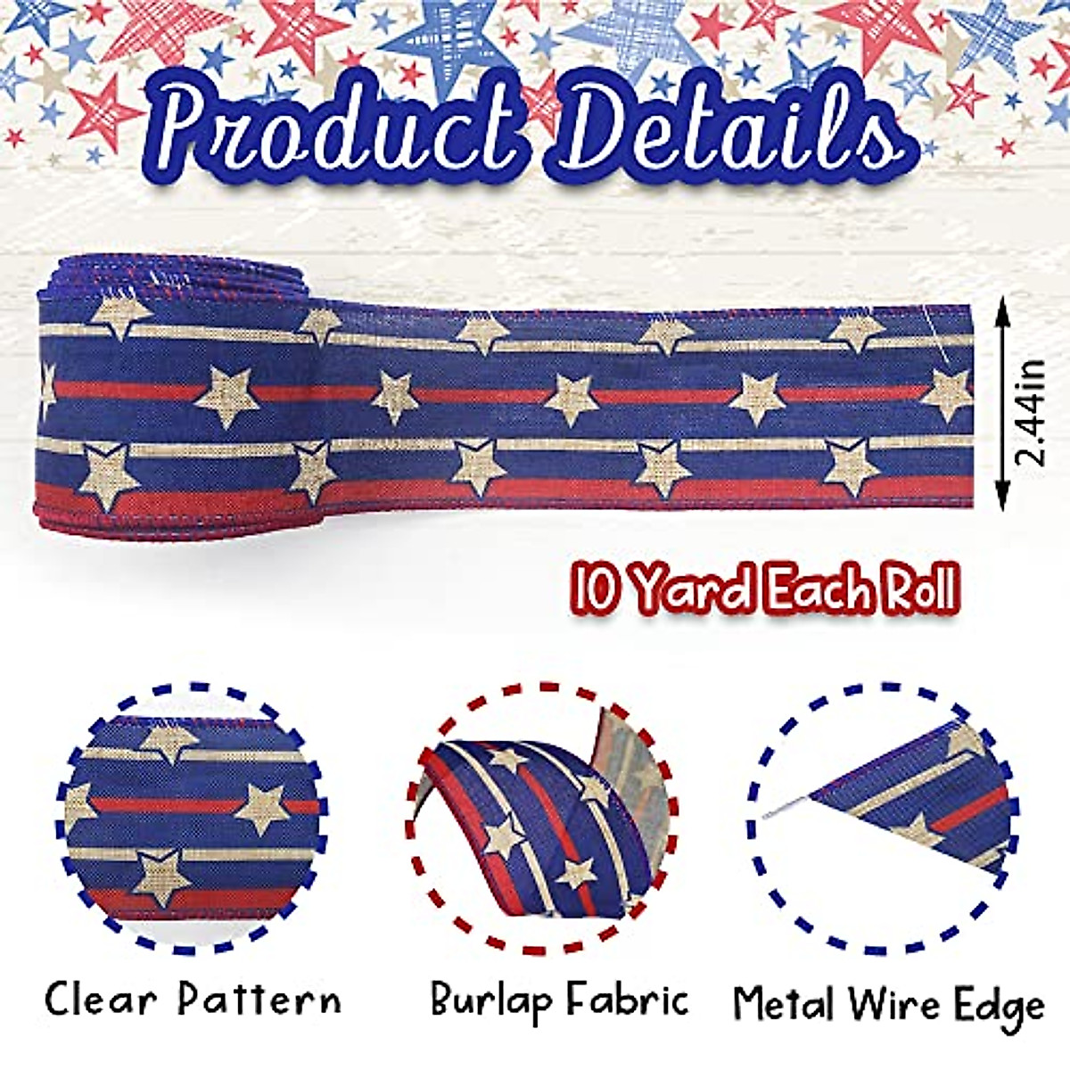 Estivaux 4th of July Ribbons for Crafting, 2.5 Inch ×10 Yard Patriotic Wired Edge Ribbon Blue Natural Burlap Ribbons American Stars Craft Ribbon Bows for Gift Wrapping Independence Day Decorations