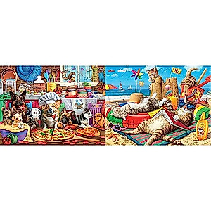 Buffalo Games - Pizza Time Pups - 750 Piece Jigsaw Puzzle & Beachcombers - 750 Piece Jigsaw Puzzle Multicolor, 24" L X 18" W
