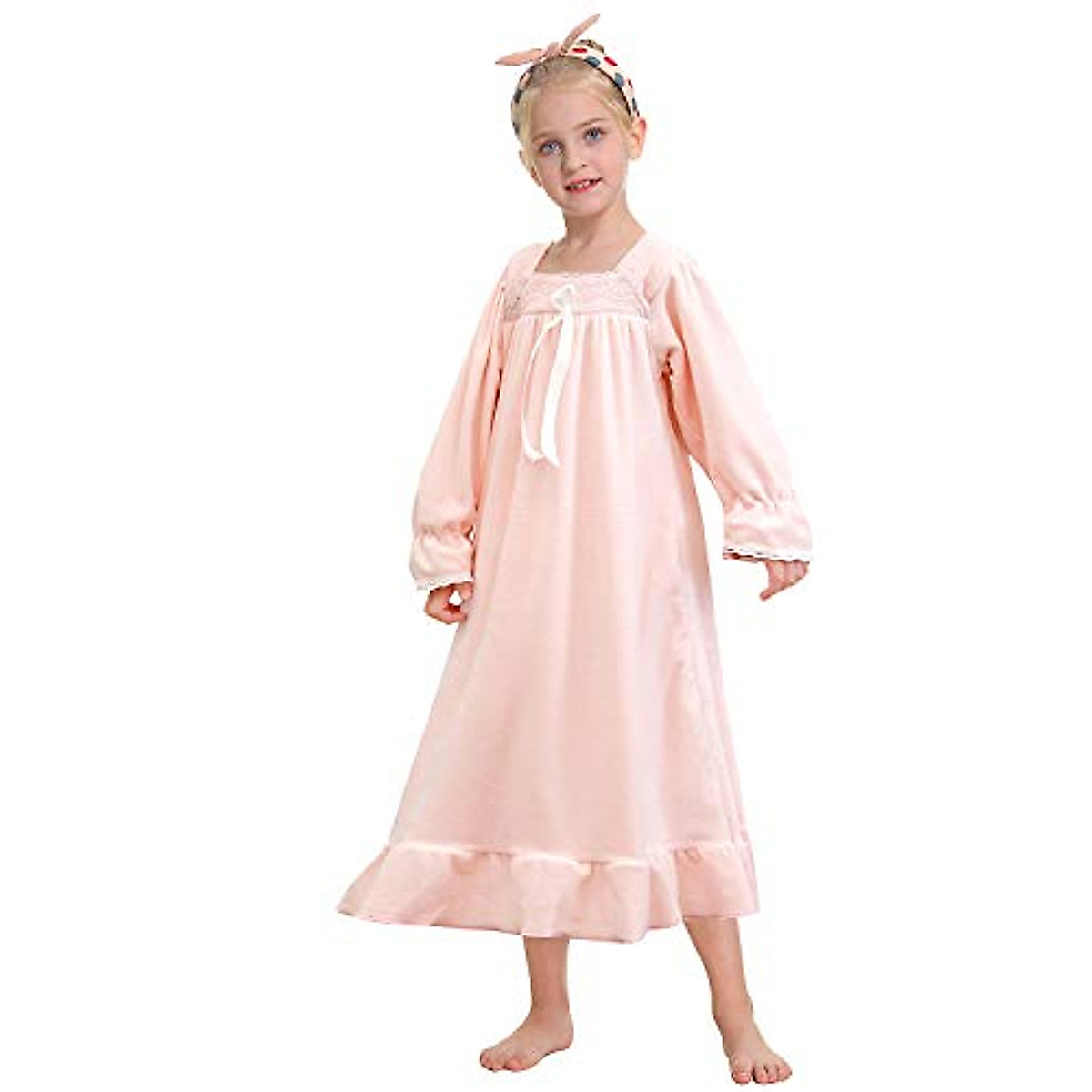PUFSUNJJ Girls Princess Nightgown,Winter Long Sleeve Flannel Nightdress Pajamas Dress Kids 3-12 Years Lightpink