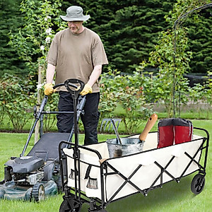 YSSOA Extended Folding Utility Wagon, 330LBS Heavy Loaded Collapsible Garden Cart with Anti-Slip Wheels, Adjustable Handle and Side Pockets, Large, White, X-Large