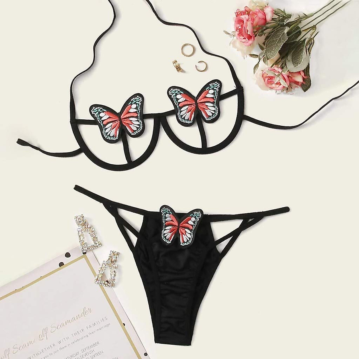 Atezch_ Women Butterfly Bra G-String Thong Set Halter Lingerie Teddy Two Piece Hollow Out Backless Bodysuit Strap Babydoll Sleepwear (Black, M)
