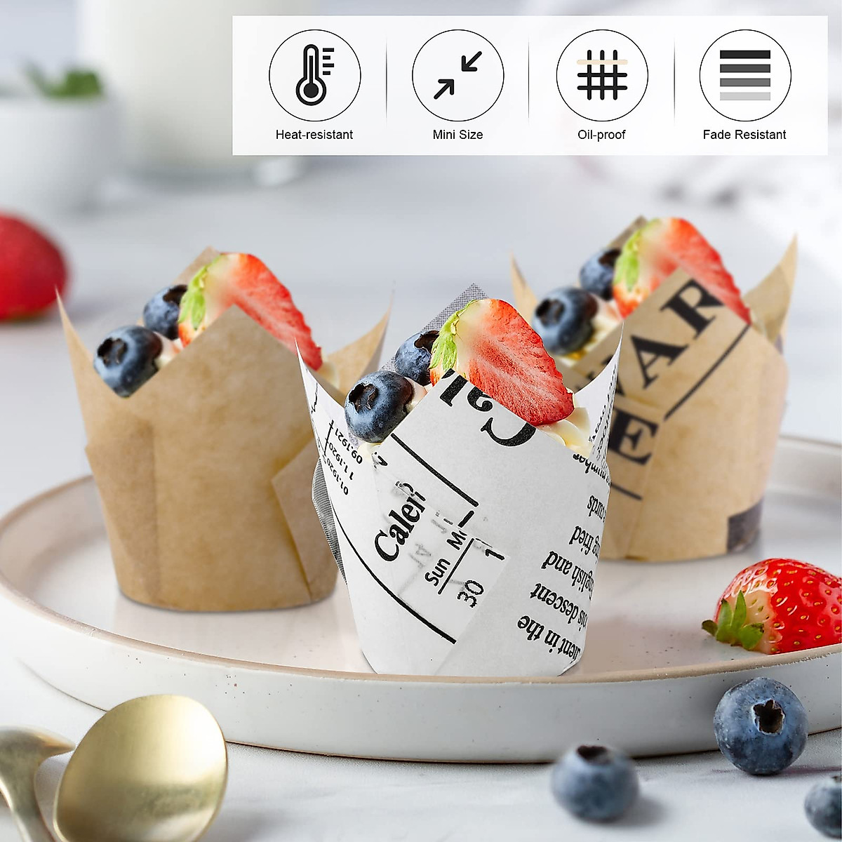 Ruisita 200 Pieces Mini Tulip Baking Cups Muffin Liners Cupcake Wrapper Muffin Liners for Party, Wedding, Baby Shower, Brown, Natural, White