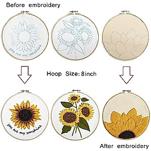 Armindou 3 Sets Embroidery Starter Kits with Sunflower Pattern for Adults Beginners, Floral Stamped Cross Stitch Kit Hand DIY Needlepoint Kit, 3 Embroidery Hoops, 3 Embroidery Fabric, Needles, Threads