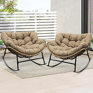Papasan Rocking Chair Set of 2,Outdoor Indoor 450 lbs large Size Wicker Rattan Papasan Recliner Chair with Padded Cushion,Patio Lounge Rocker Chairs for Balcony Porch Garden Living Room (Brown)