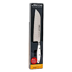ARCOS Forged Santoku Knife 7 Inch Stainless Steel. Japanese Sharp Knife For Cutting Meat, Fish and Vegetables. Ergonomic Polyoxymethylene Handle and 180mm Blade. Series Riviera Blanc. Color White,