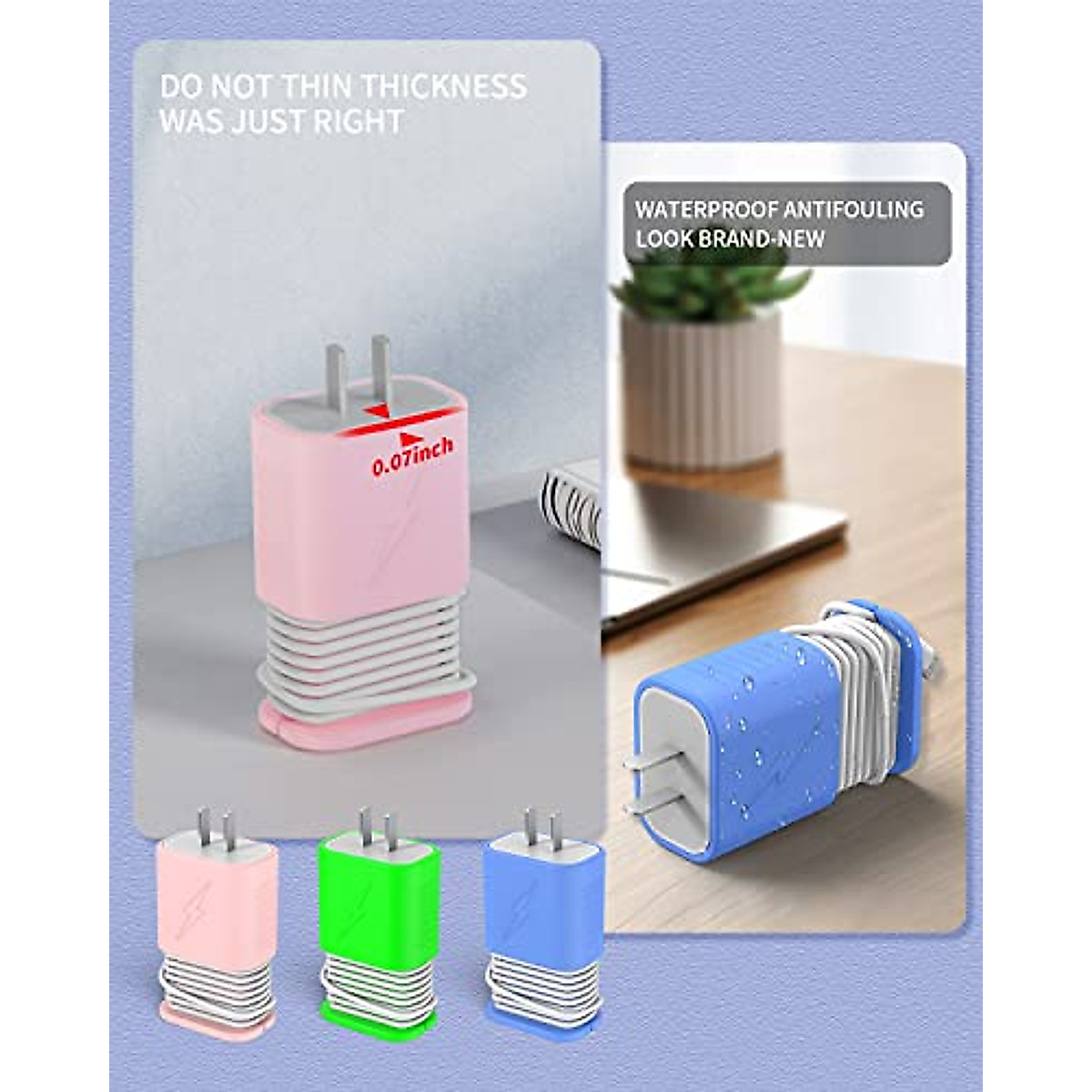 [3 Pack] FREEOL Silicone Charger Protector, Travel Cord Organizer Compatible with Apple 20W/18W USB-C Power Adapter, Data Cable Winder can Glow in The Dark - (Pink + Glow Blue + Glow Green)