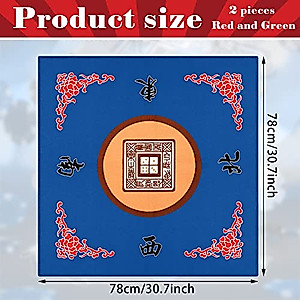 2 Pcs Universal Mahjong Mat, Mahjong Table Cover Slip Resistant Mat Table Reduction Mahjong Pad for Game, 30.7 x 30.7 Inches (Blue, Red)