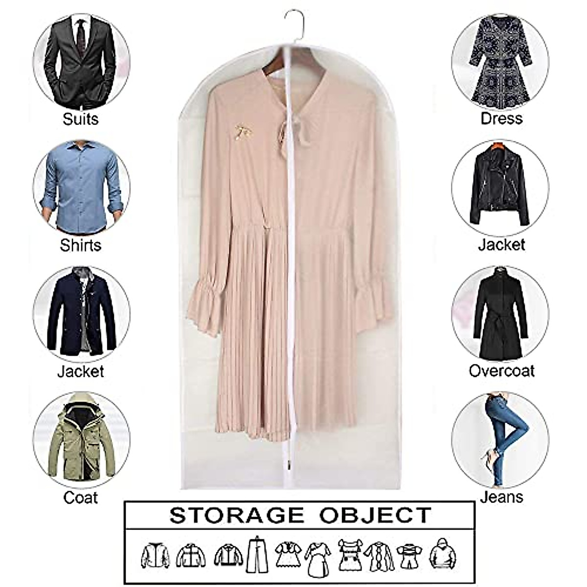 Garment Bag Clear 24'' x 54'' Long Dress Garment Bags White Breathable Full Zipper Dust Cover for Clothes Storage Closet Pack of 6