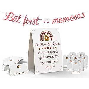 Momosa Bar Decorations – Gold Foil Banner Tags Kit, Momosa Bar Sign, 8 Bottle Tags, 8 Table Cards – Bridal Shower Bubbly Bar Champagne Baby Shower Wedding Birthday Party/mo018A