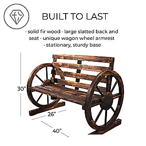 BACKYARD EXPRESSIONS PATIO · HOME · GARDEN 906969-NM Rustic Outdoor Wagon Wheel Design-Slatted Farmhouse Garden, Patio, Porch | Burnt Wood Finish | 2-Person Bench | Backyard Expressions, Brown