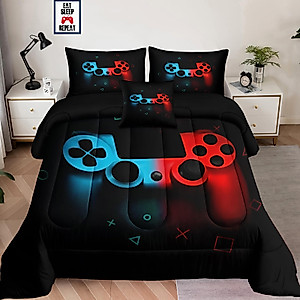 5 Pieces Bed in a Bag for Gaming Bedding Set,Boys Gamer Comforter Set with Flat Sheet,Fitted Sheet,Pillowcases,Cushion Cover,Game Console Pattern Bed Set for Kids Boys Room Decor A07T