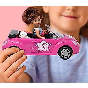 Mini Car for Dolls Vehicle Toy Set for Girls with Mini Fashion Doll and Dog Pink Convertible Playset Doll Riding Toys for Kids Toddlers Ages 3 4 5 6 7 8